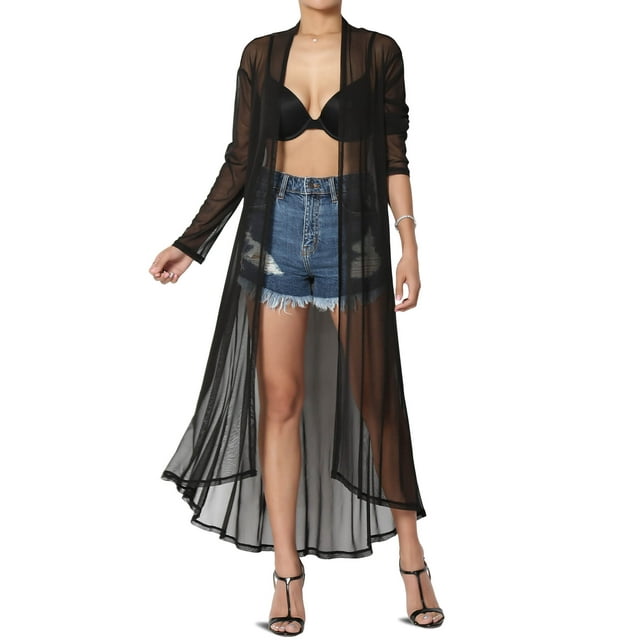 Women's PLUS Sheer Mesh Long Sleeve Open Front Maxi Cardigan Mid-Calf ...