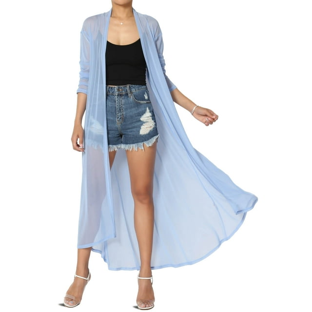 Women's PLUS Sheer Mesh Long Sleeve Open Front Maxi Cardigan Mid-Calf ...