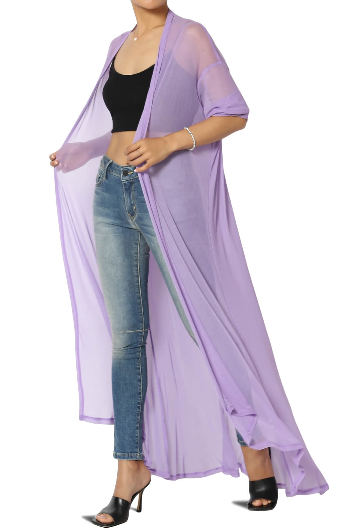 Women's PLUS Sheer Mesh Long Sleeve Open Front Maxi Cardigan Mid-Calf ...