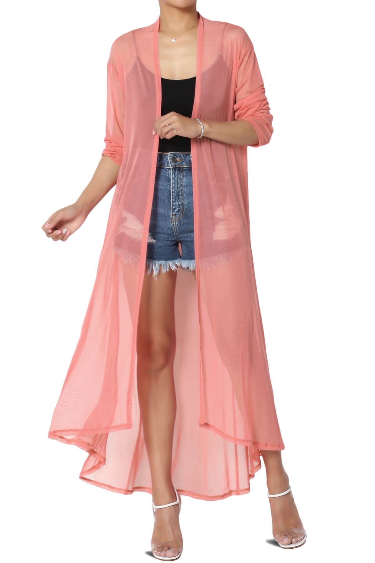 Women's PLUS Sheer Mesh Long Sleeve Open Front Maxi Cardigan Mid-Calf ...