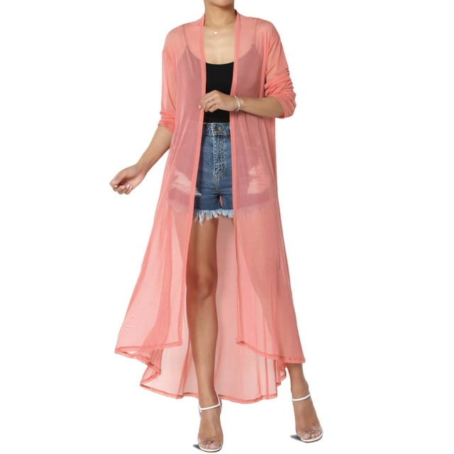 Women's PLUS Sheer Mesh Long Sleeve Open Front Maxi Cardigan Mid-Calf ...
