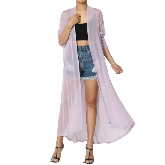 Women's PLUS Sheer Mesh Long Sleeve Open Front Maxi Cardigan Mid-Calf ...