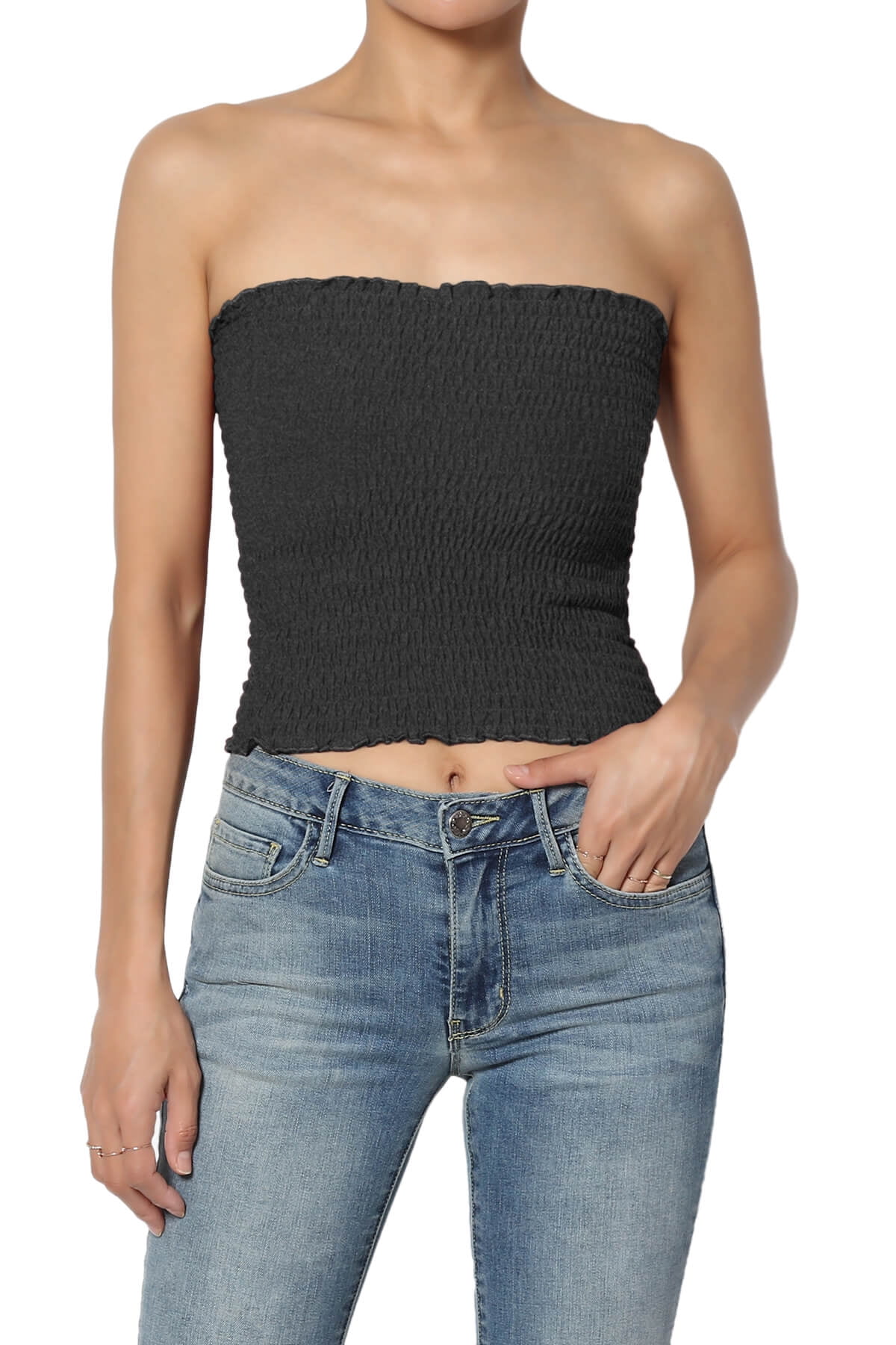 Women's PLUS Strapless Smocked Crop Tube Top Scalloped Hem Stretch ...