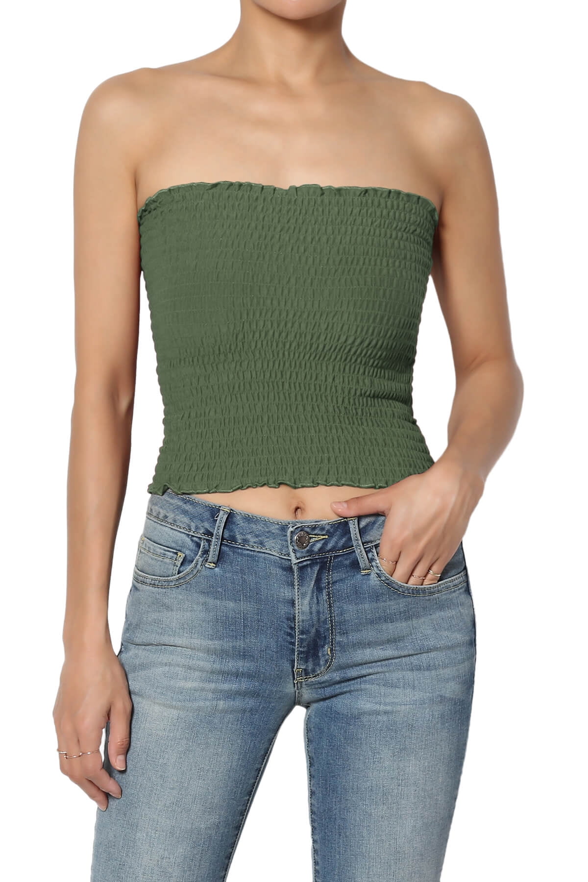 Women's PLUS Strapless Smocked Crop Tube Top Scalloped Hem Stretch ...