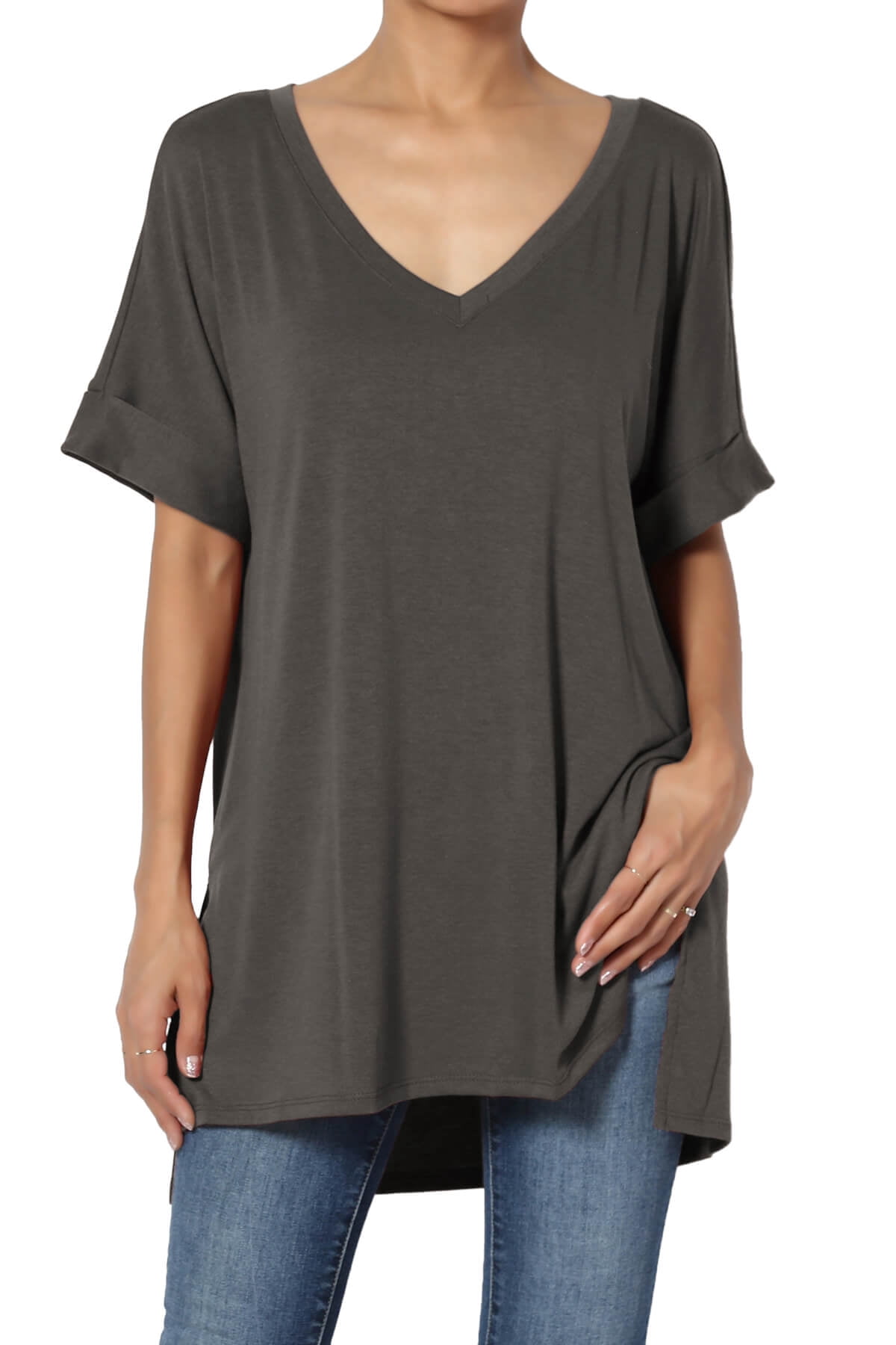Women's PLUS Summer Casual V-Neck Rolled Short Sleeve Hi-Low Side Slit Tunic Top Tee - Walmart.com