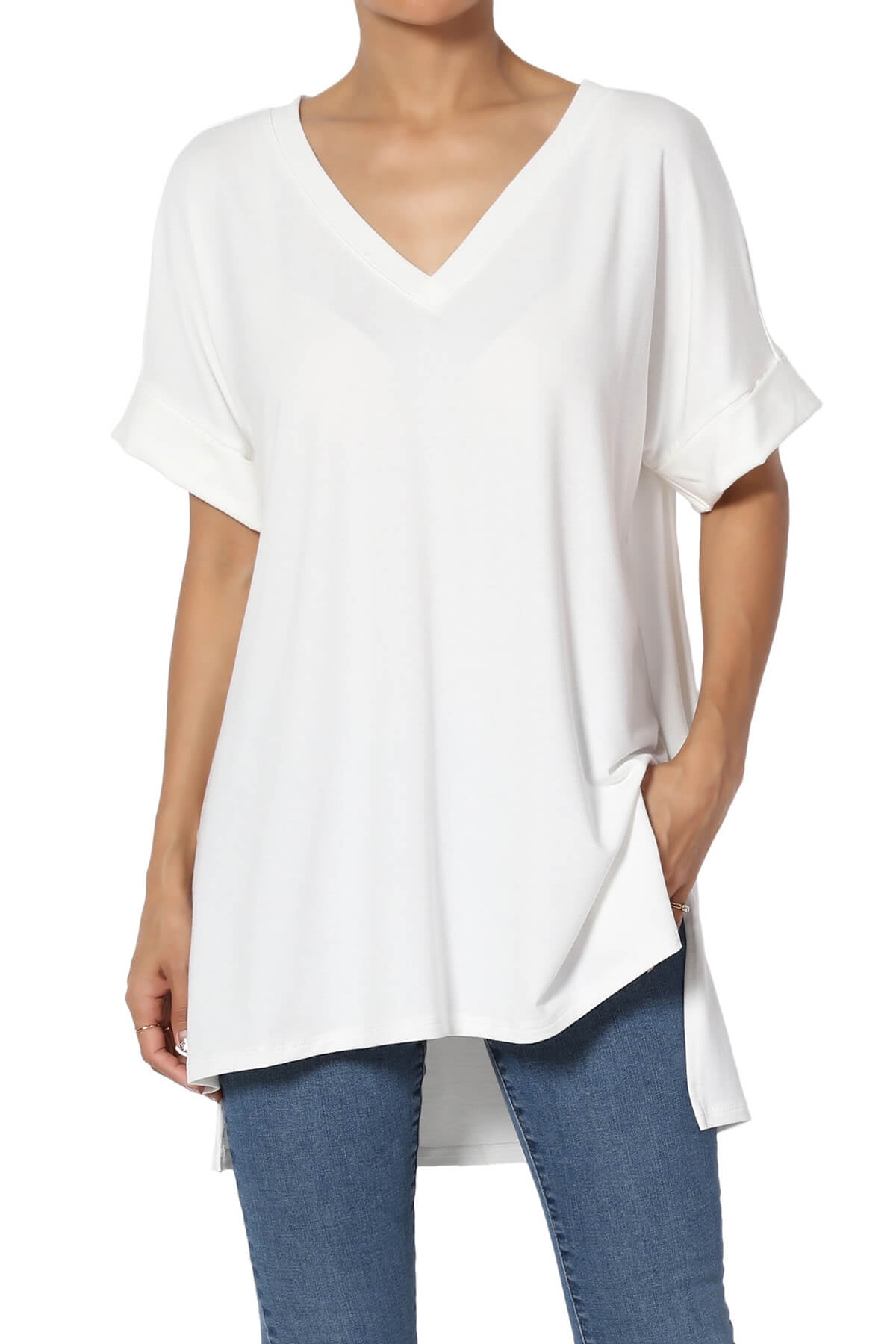 Women's PLUS Summer Casual V-Neck Rolled Short Sleeve Hi-Low Side Slit ...