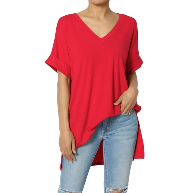Women's PLUS Summer Casual V-Neck Rolled Short Sleeve Hi-Low Side Slit ...