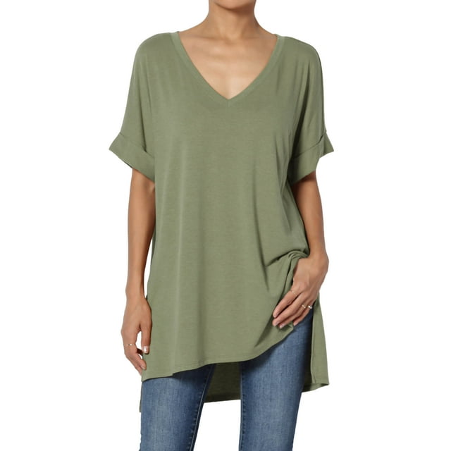 Women's PLUS Summer Casual V-Neck Rolled Short Sleeve Hi-Low Side Slit ...