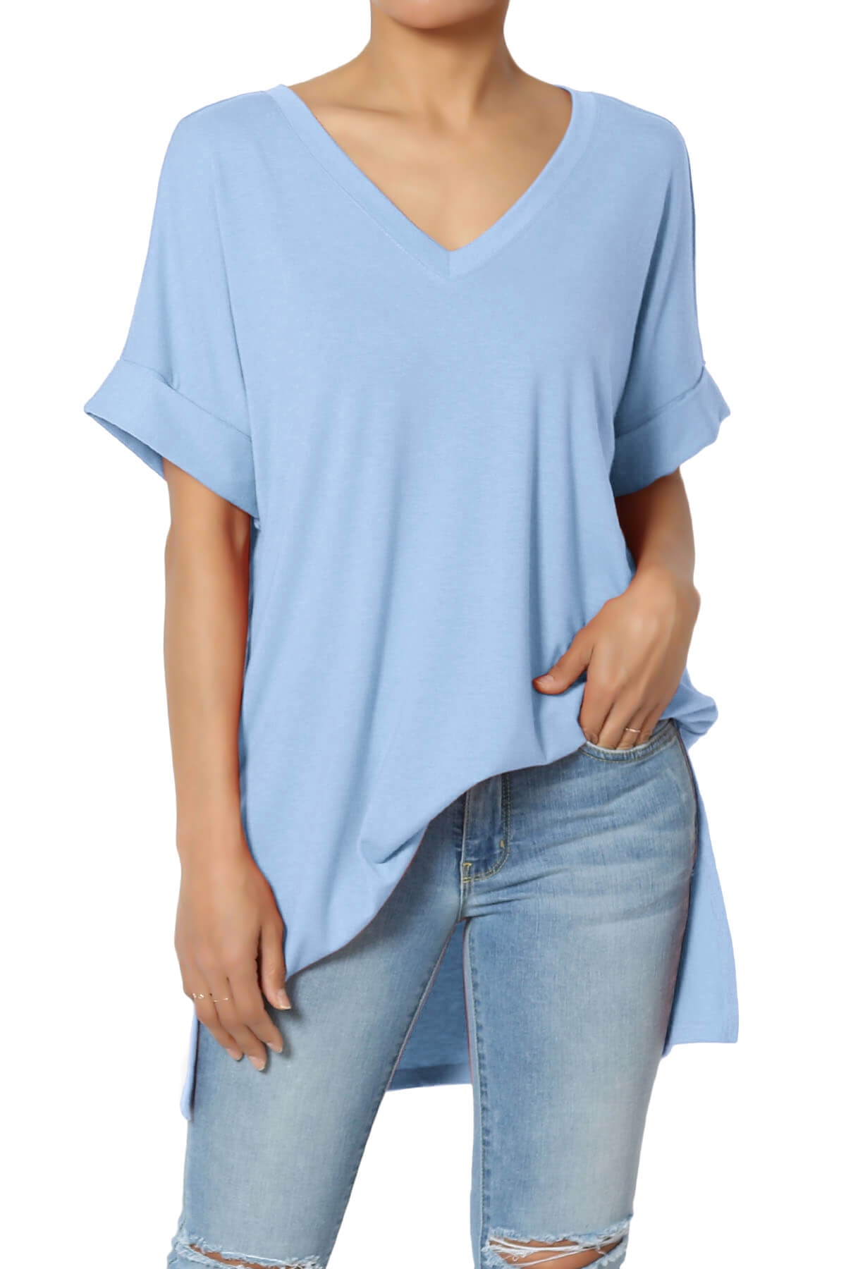 Women's PLUS Summer Casual V-Neck Rolled Short Sleeve Hi-Low Side Slit ...