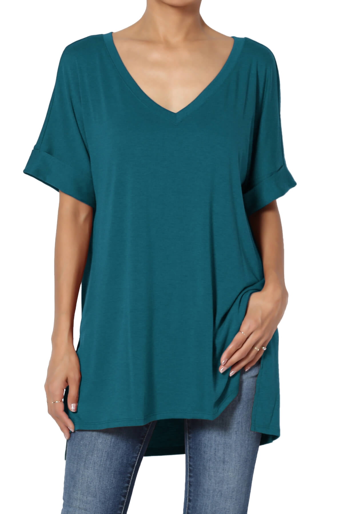 Women's PLUS Casual V-Neck Rolled Short Sleeve Hi-Low Side Slit Tunic ...