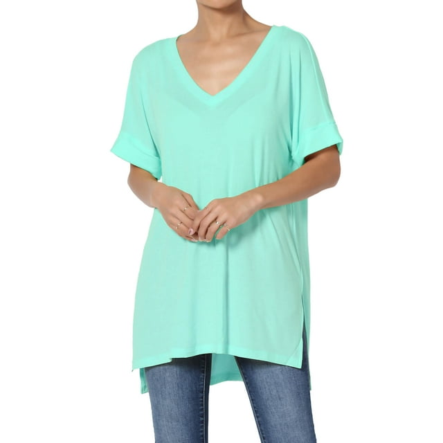Women's PLUS Summer Casual V-Neck Rolled Short Sleeve Hi-Low Side Slit ...