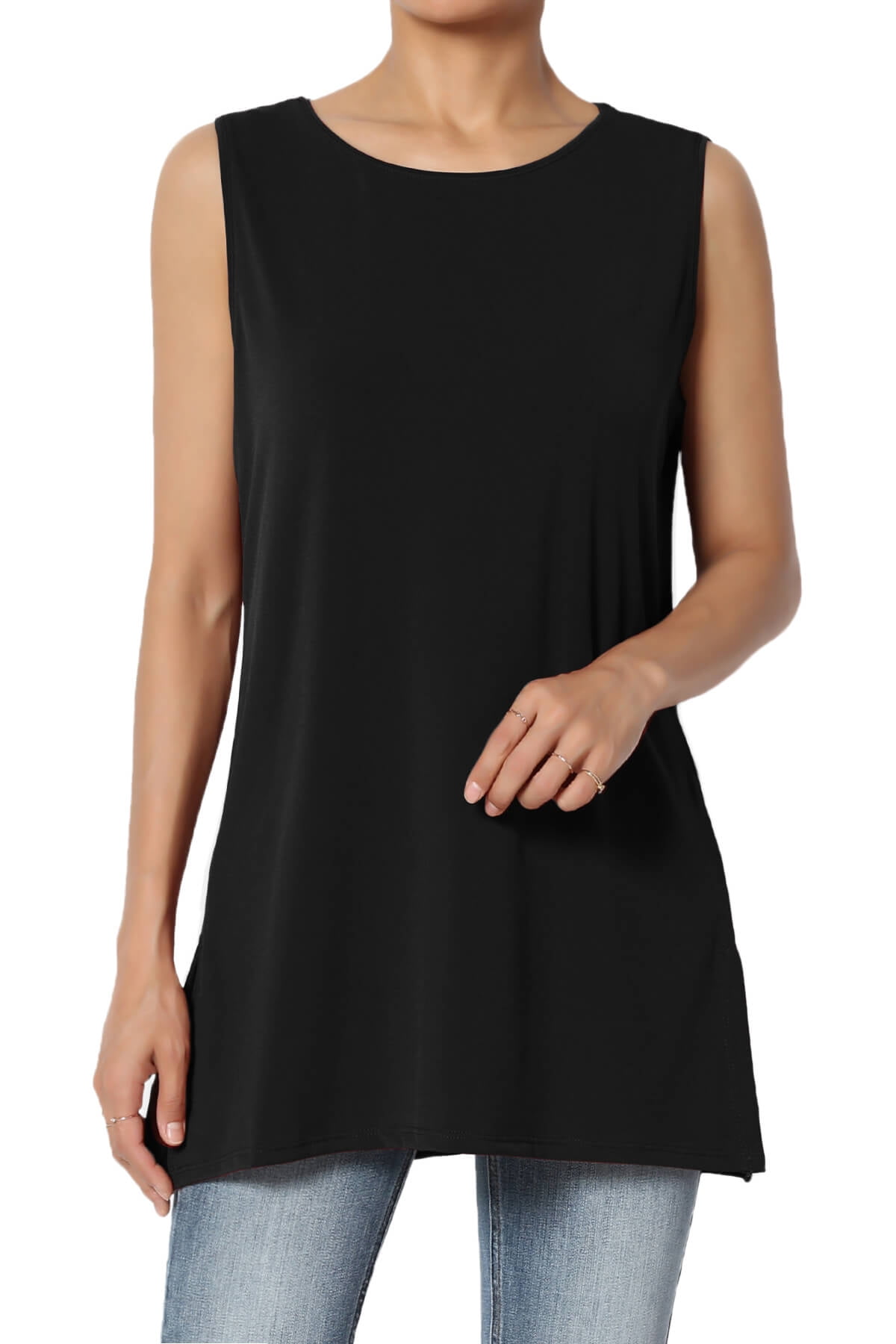 Women's PLUS Summer Sleeveless Crew Neck Side Slit Cool Stretchy Tunic ...