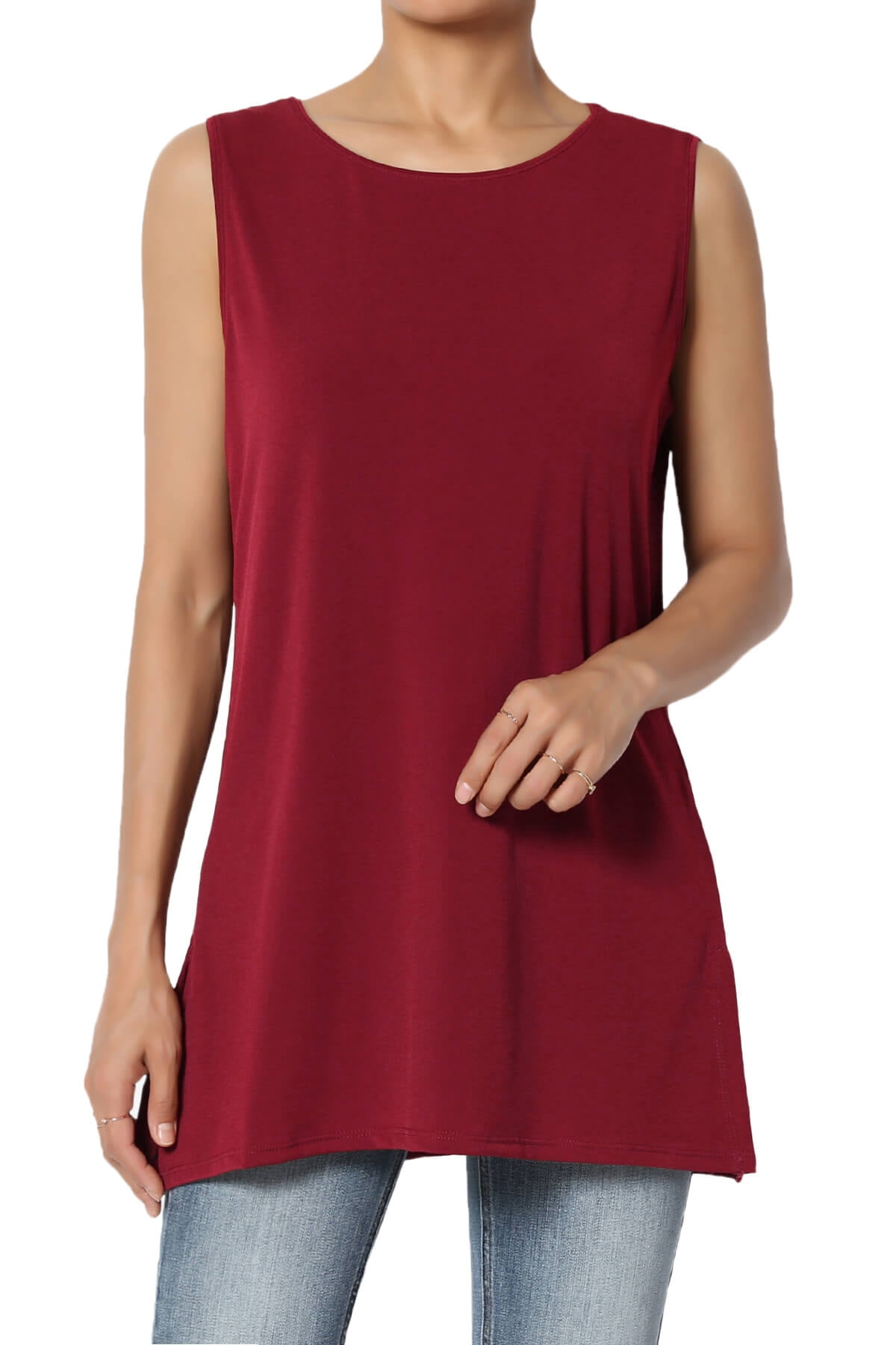 Women's PLUS Summer Sleeveless Crew Neck Side Slit Cool Stretchy Tunic ...