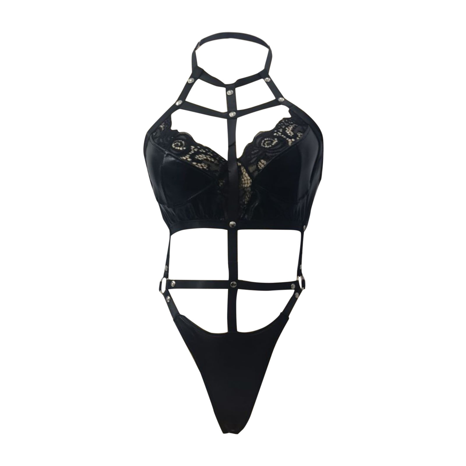 Womens Pu Leather Lace Up Backless Halter Teddy Lingerie Bodysuit Corset Negligee Lingerie Long