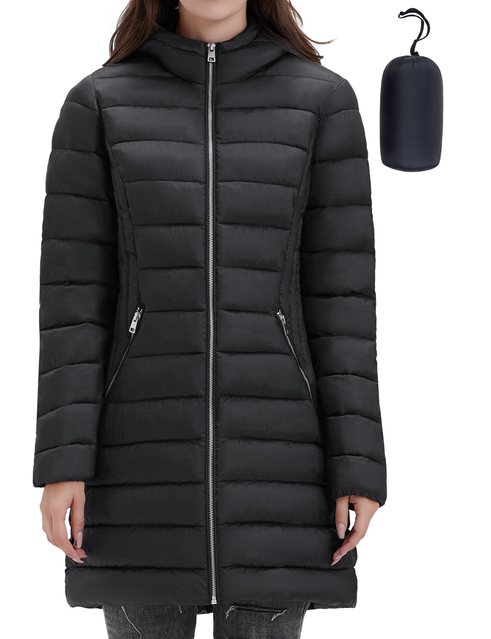 Women's Plus Size Packable Puffer Coat - Lightweight, Hooded, Long Winter Warm Jacket with Metal ...