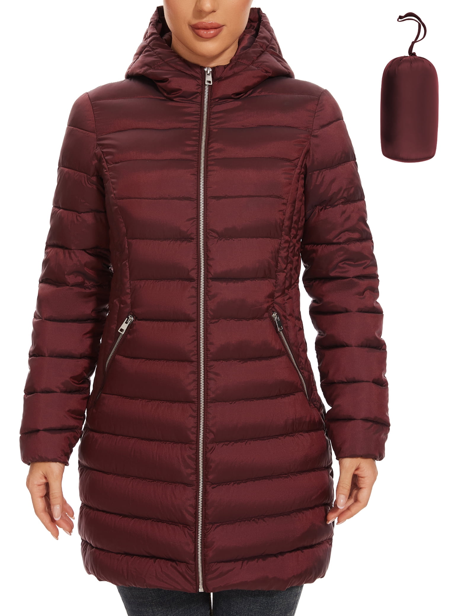 Women's Packable Puffer Coat, Lightweight Hooded Long Winter Jacket, Wine Red, XL - Walmart.com