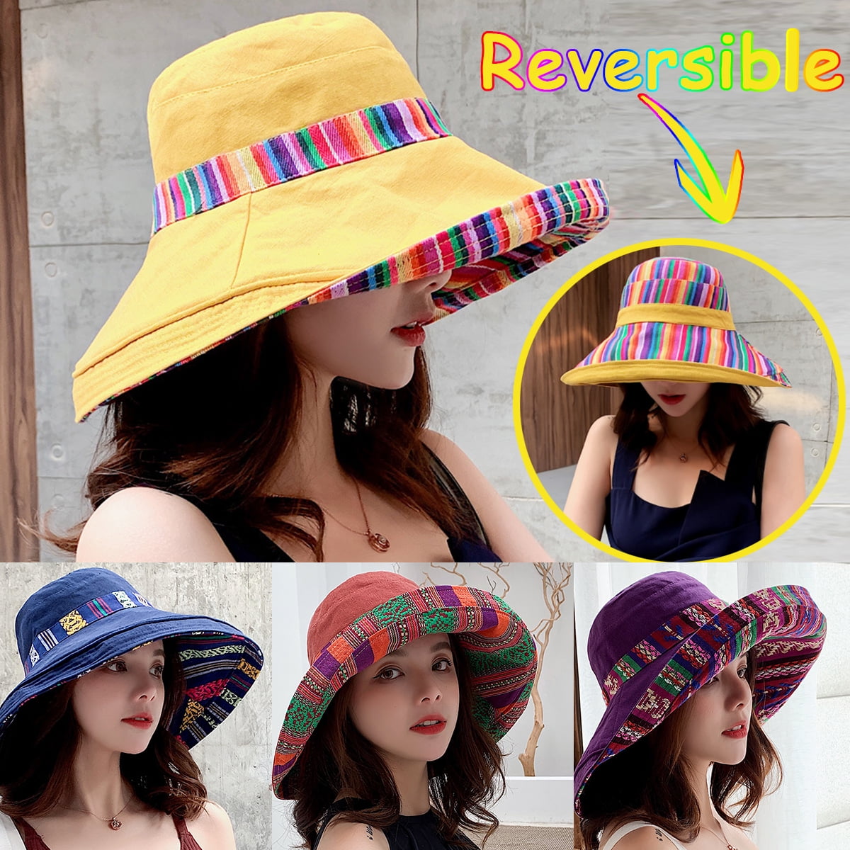 Womens Packable Reversible Bucket Hat Uv Sun Protection Wide Brim