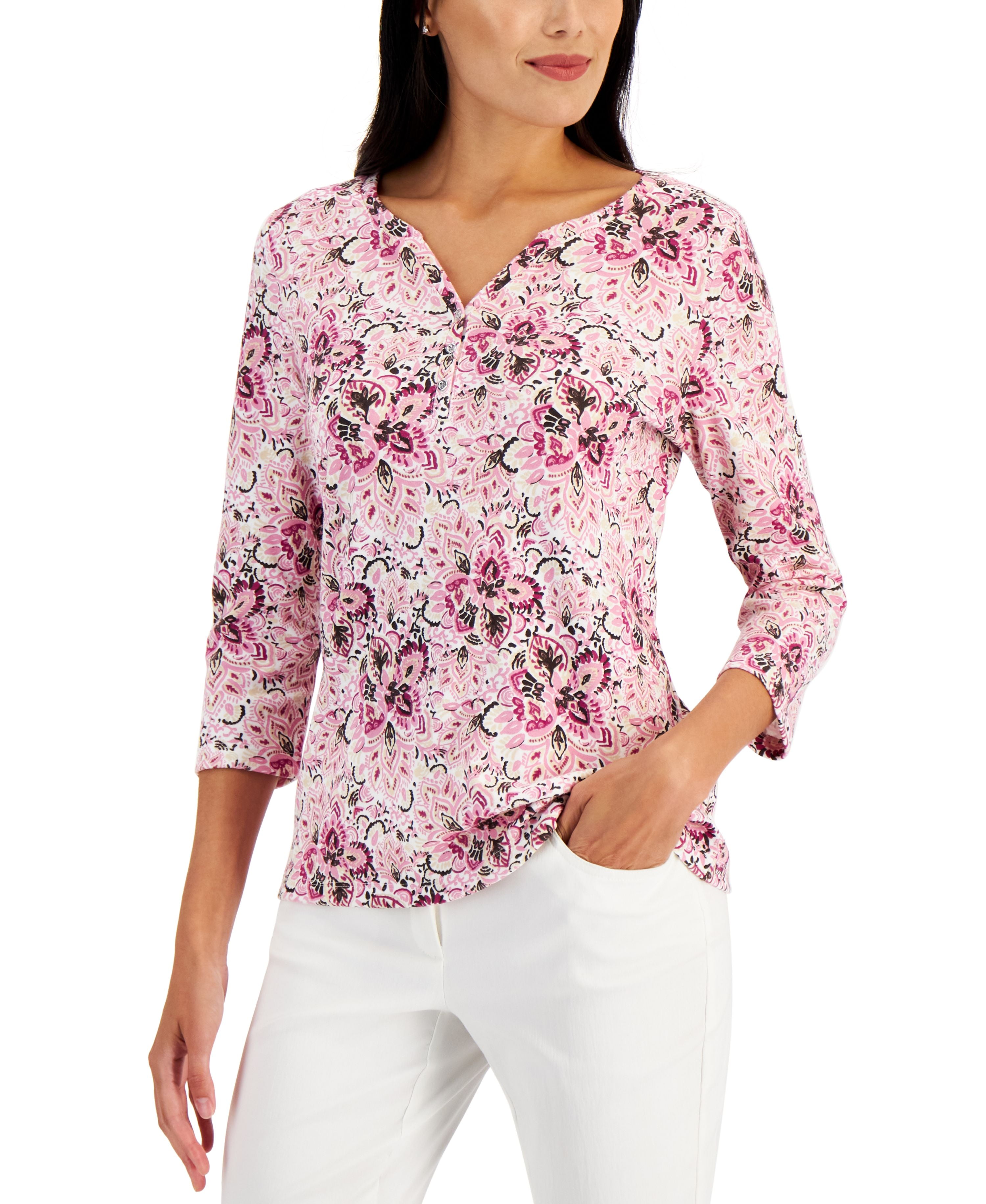 Women's Painted Fans Printed Henley Top Soft Pink XL - Walmart.com