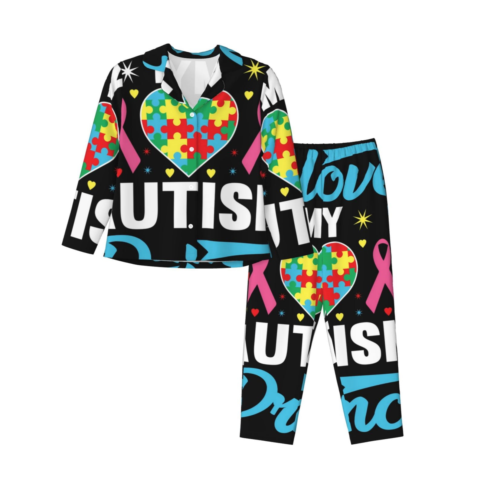 Women's Pajama Set I Love My Autism Long Sleeve Button Down Nightwear ...