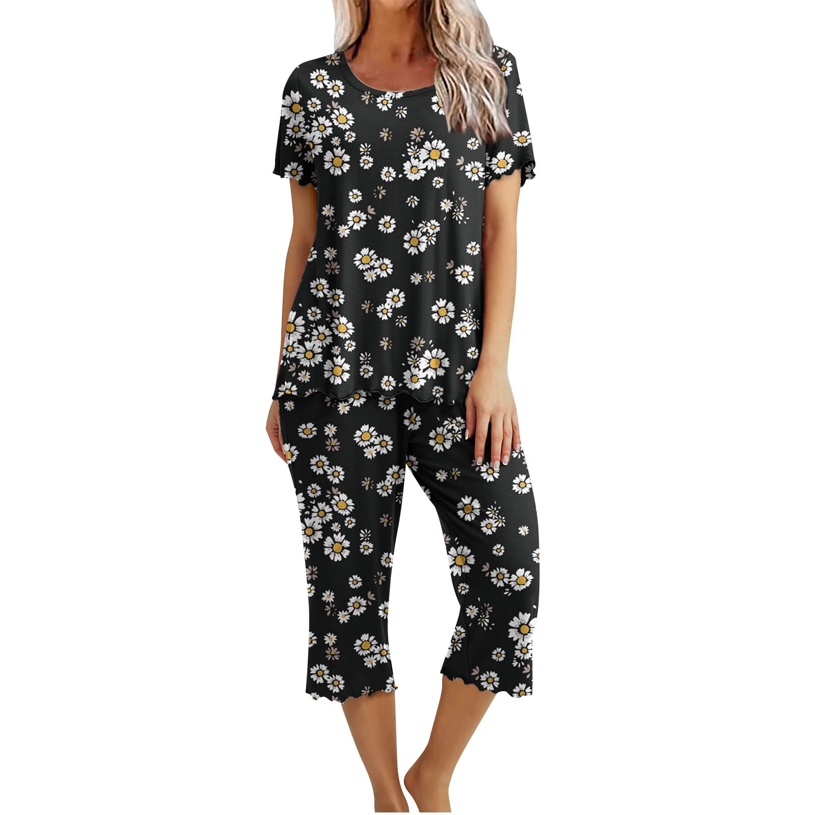 Women's Pajama Set Short Sleeve Shirt and Capri Pants Sleepwear Pjs ...