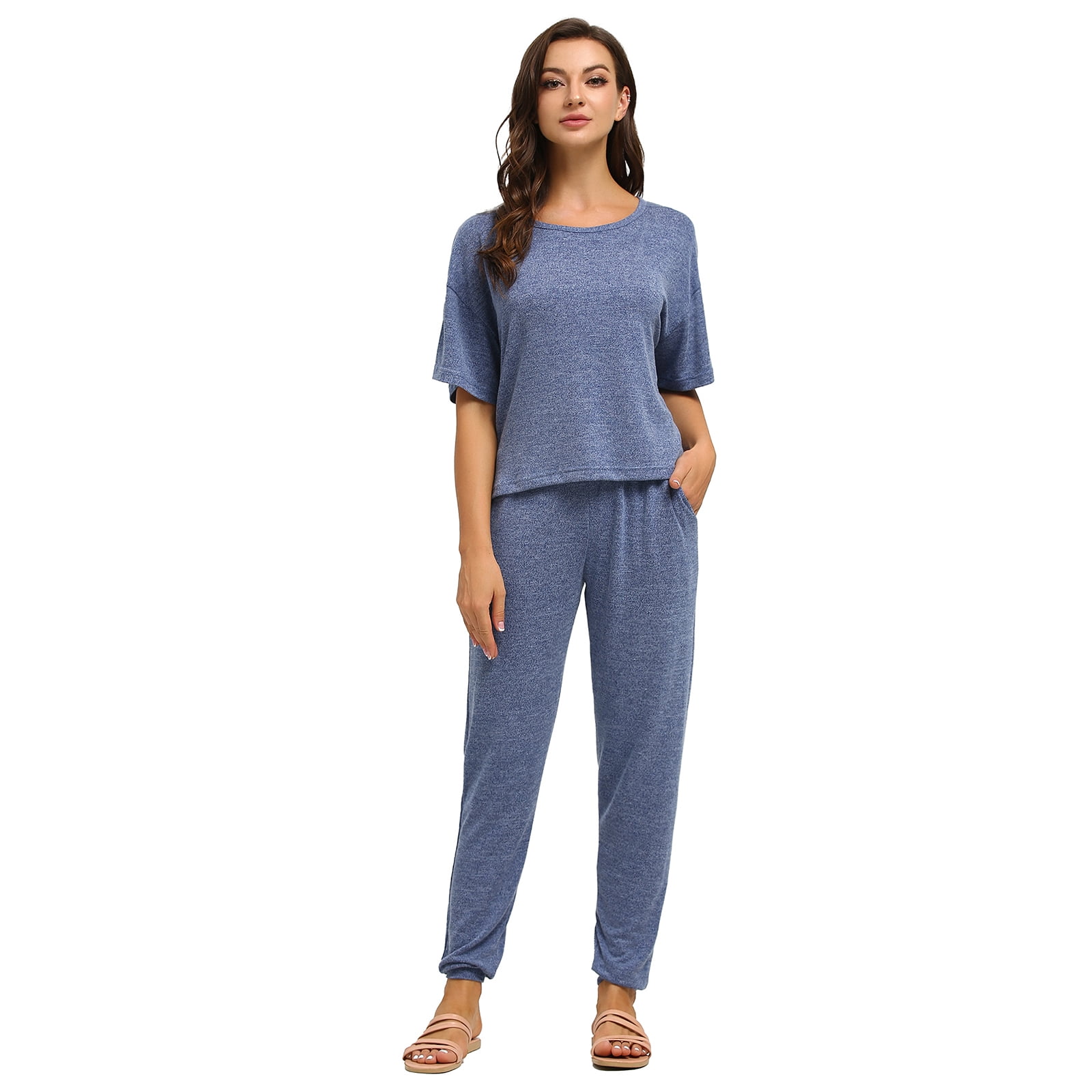 Women's Pajama Set Solid Color Short Sleeve Shirt With Long Pajama ...