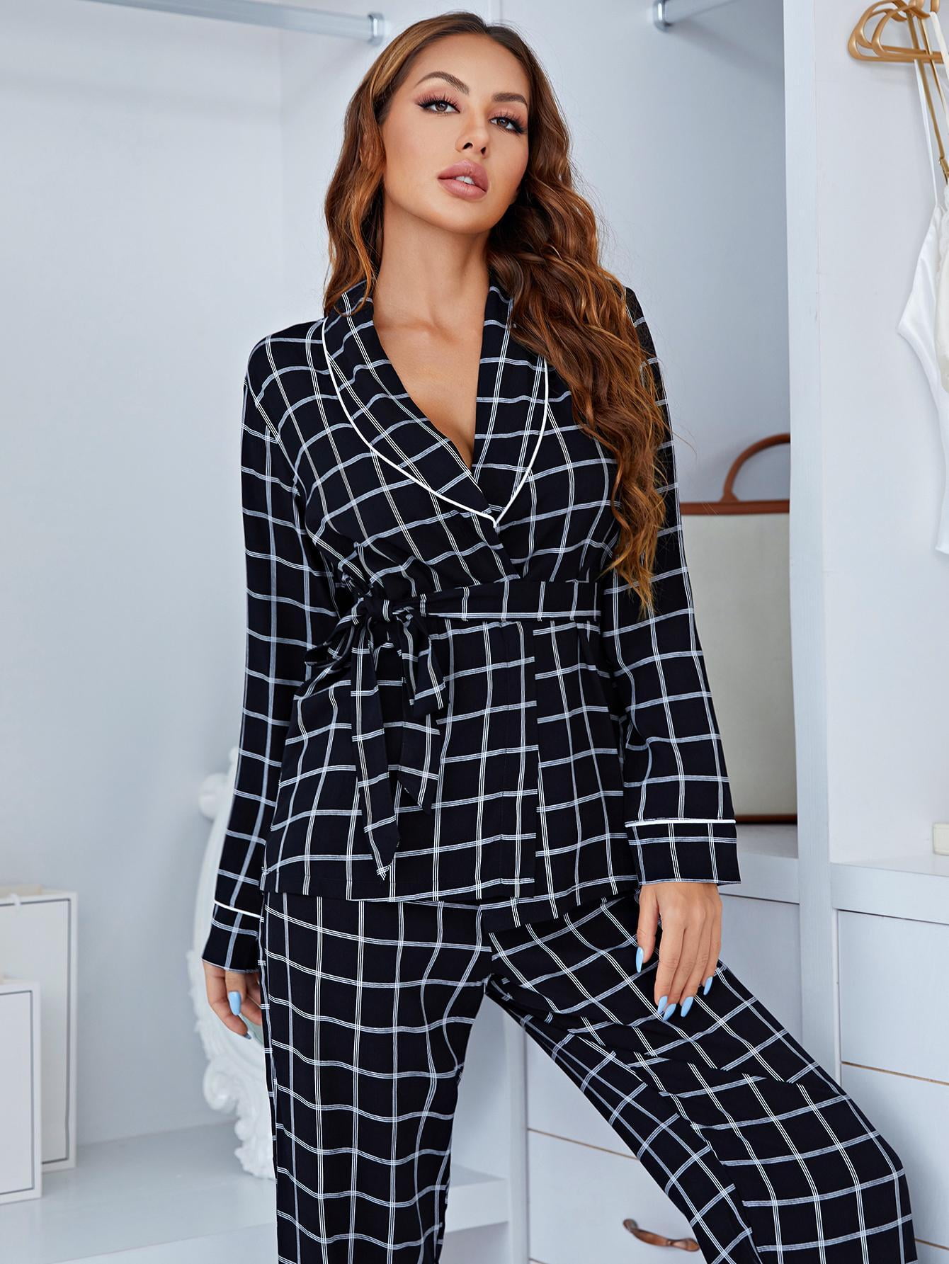 Women's Pajama Set V-neck Belted Style Soft Long Sleeve Shirts Paired ...