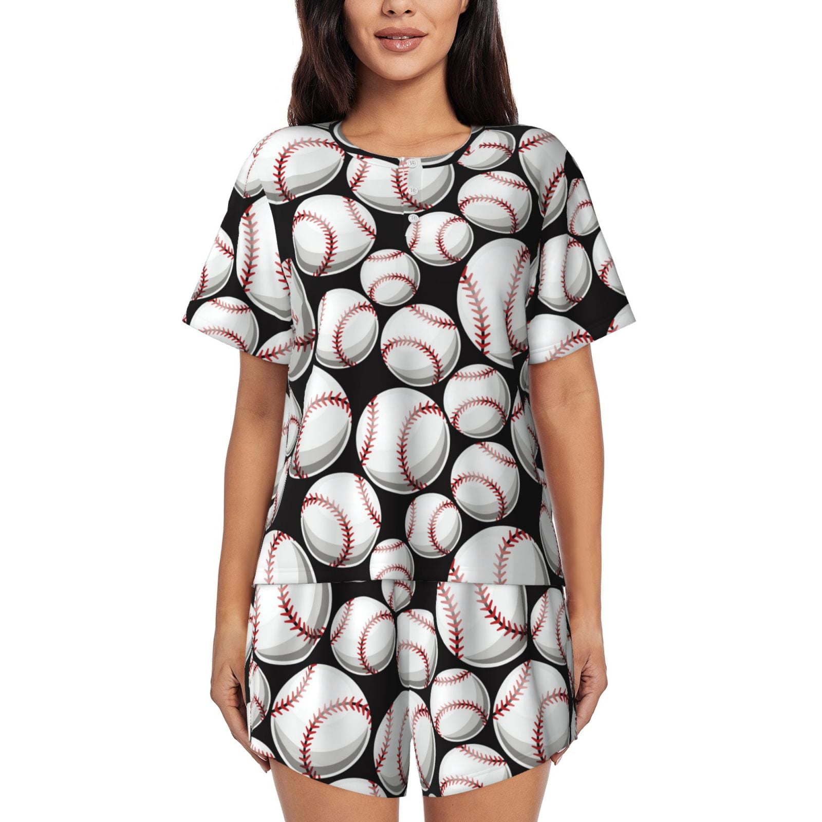 Women's Pajama Sets - Cute Baseball E Summer Pajamas for Women Set Short Sleeve Sleepwear PJ ...