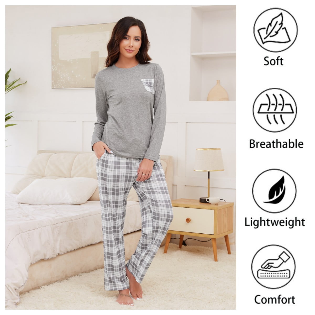 Womens Pajama Sets Long Sleeve and Plaid Pants Round Neck Soft ...