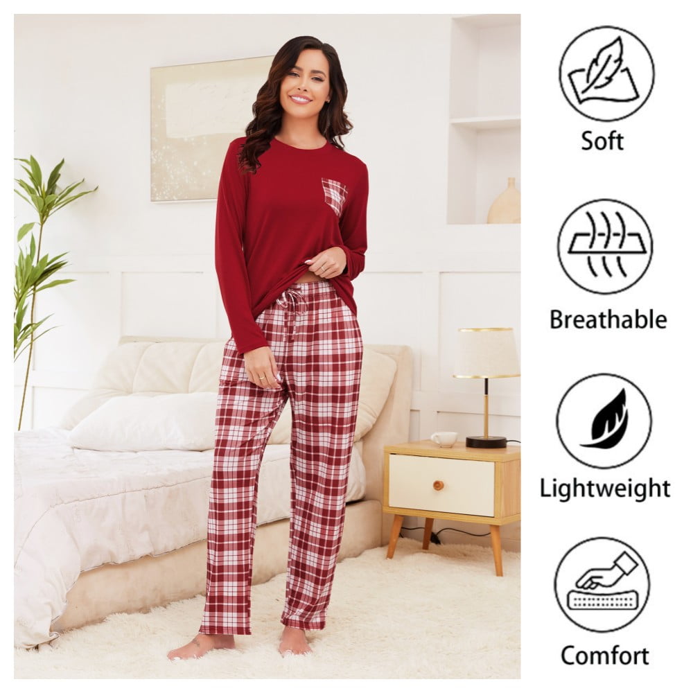 Womens Pajama Sets Long Sleeve and Plaid Pants Round Neck Soft ...