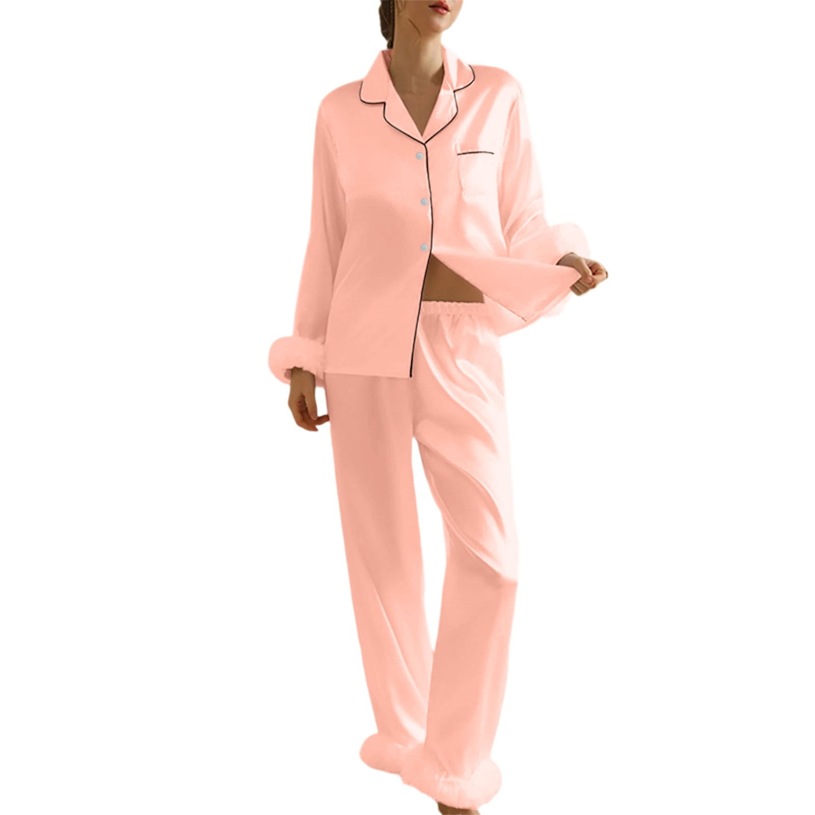 Women's Pajamas Feather Trim Long Sleeve Button Down Shirt Pants Two ...