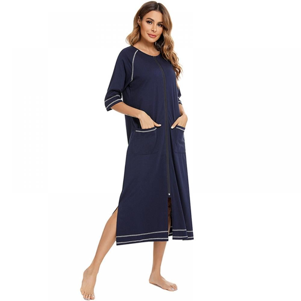 Women's Pajamas Round Neck Nightgown Short-sleeved Zipper Pajamas Plus ...