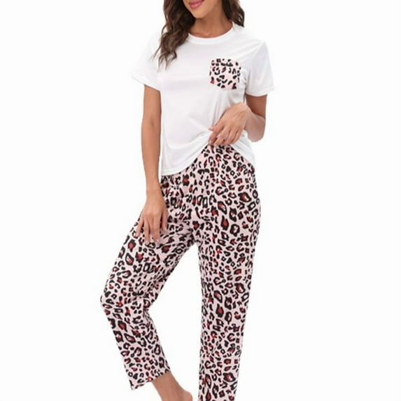 Women's Pajamas Set 2 Piece Leopard Print Pyjama Pocket Sleepwear ...