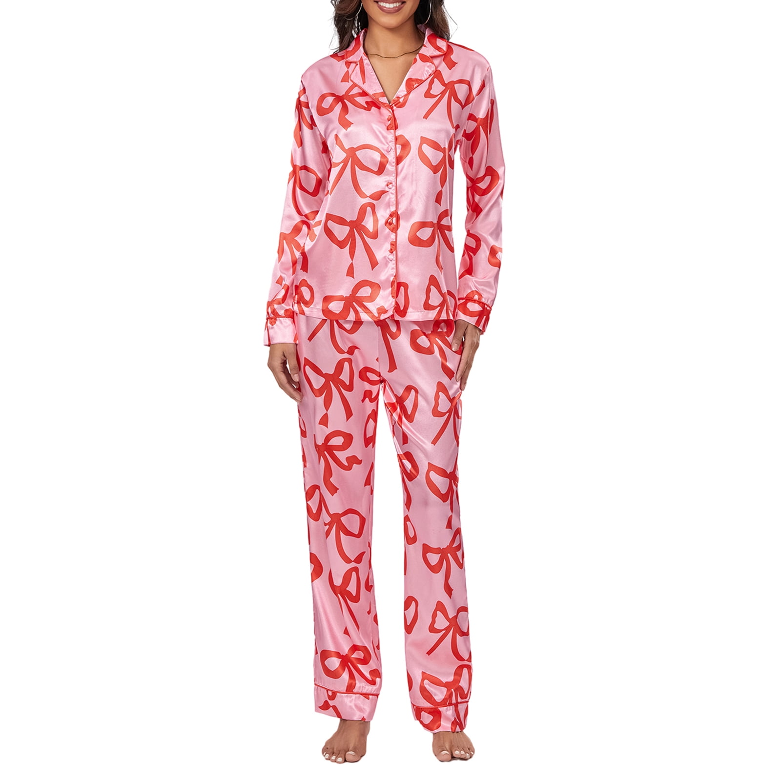 Women's Pajamas Sets Bow Print Long Sleeve Button Down Sleepwear ...