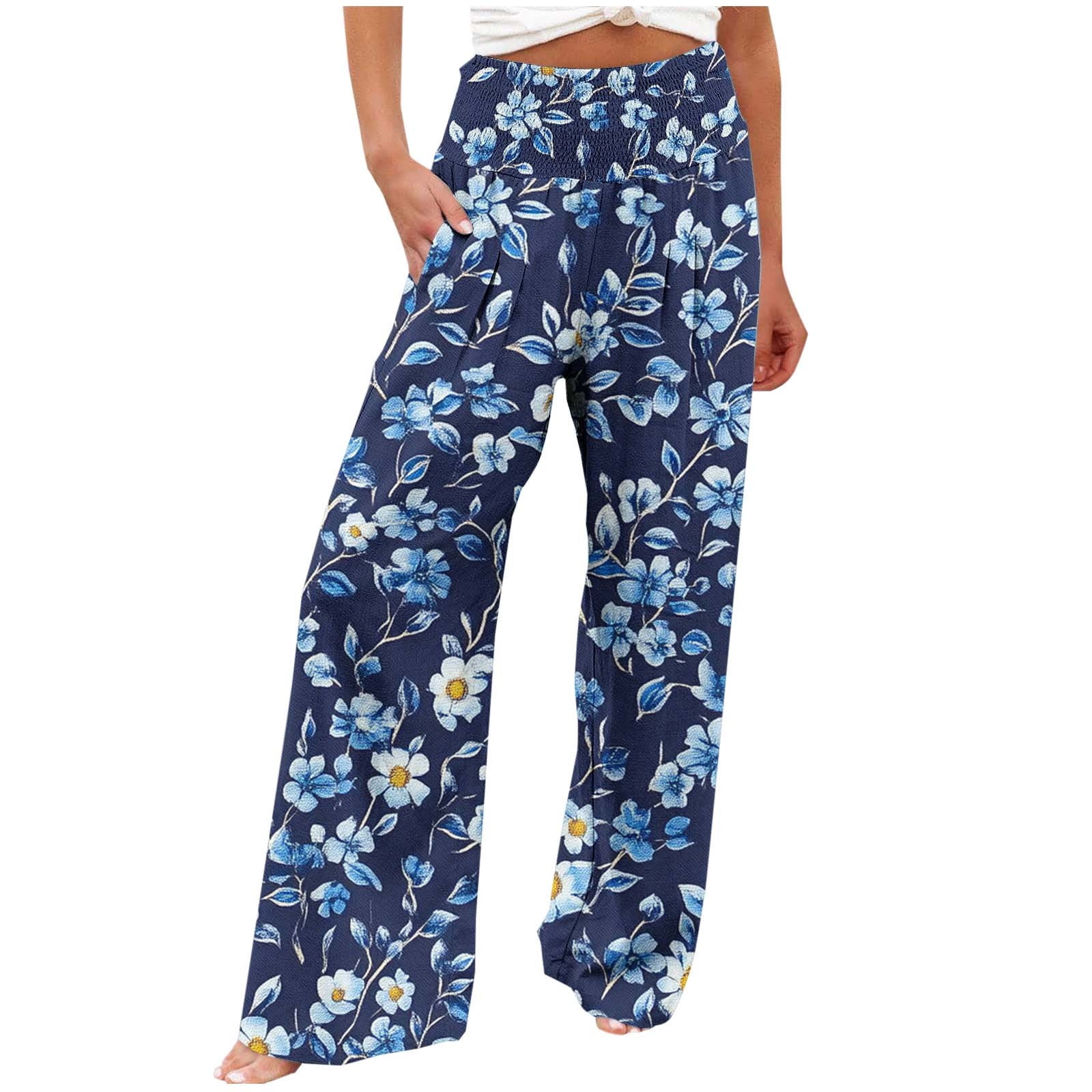Women's Palazzo Pants Floral Printed Straight Wide Leg Slacks Elastic ...