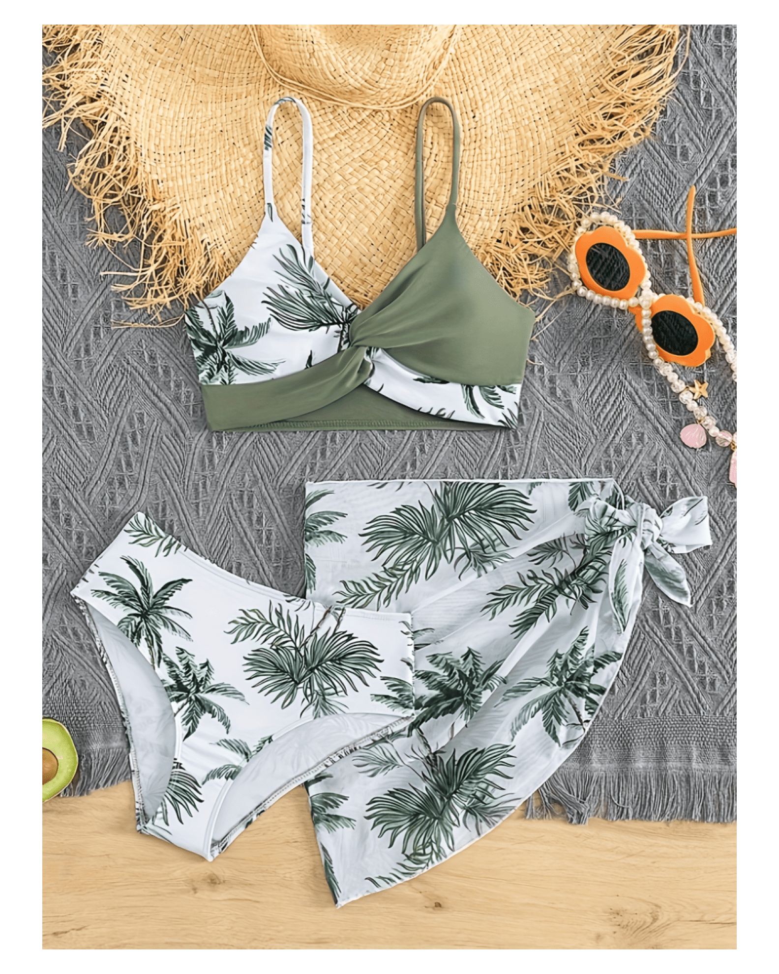 Women's Palm Print Bikini Set Two Piece Swimsuit with Wrap Cover Up ...