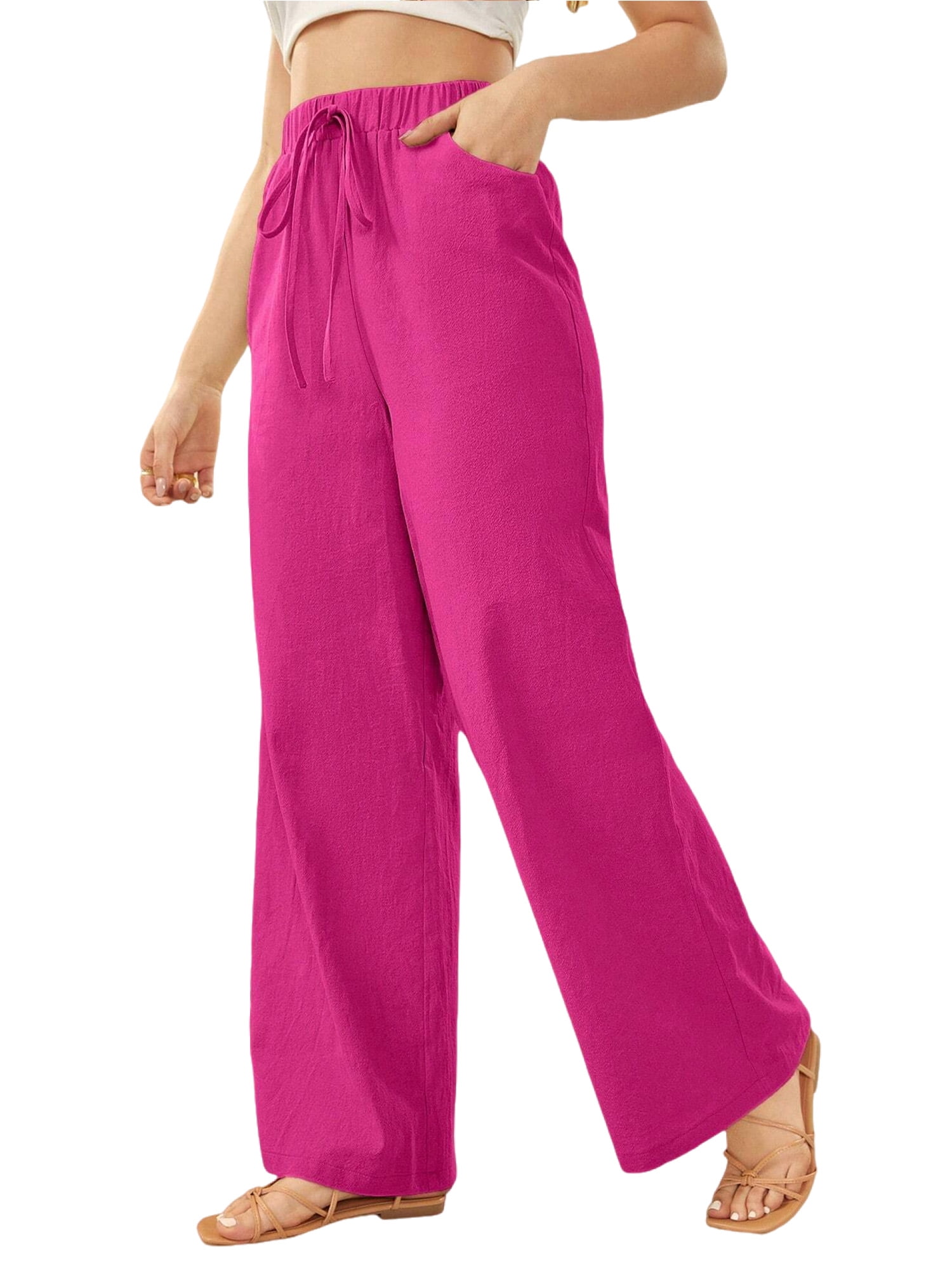 Women's Pants Casual Elastic High Waisted Wide Leg Pants Hot Pink XL ...