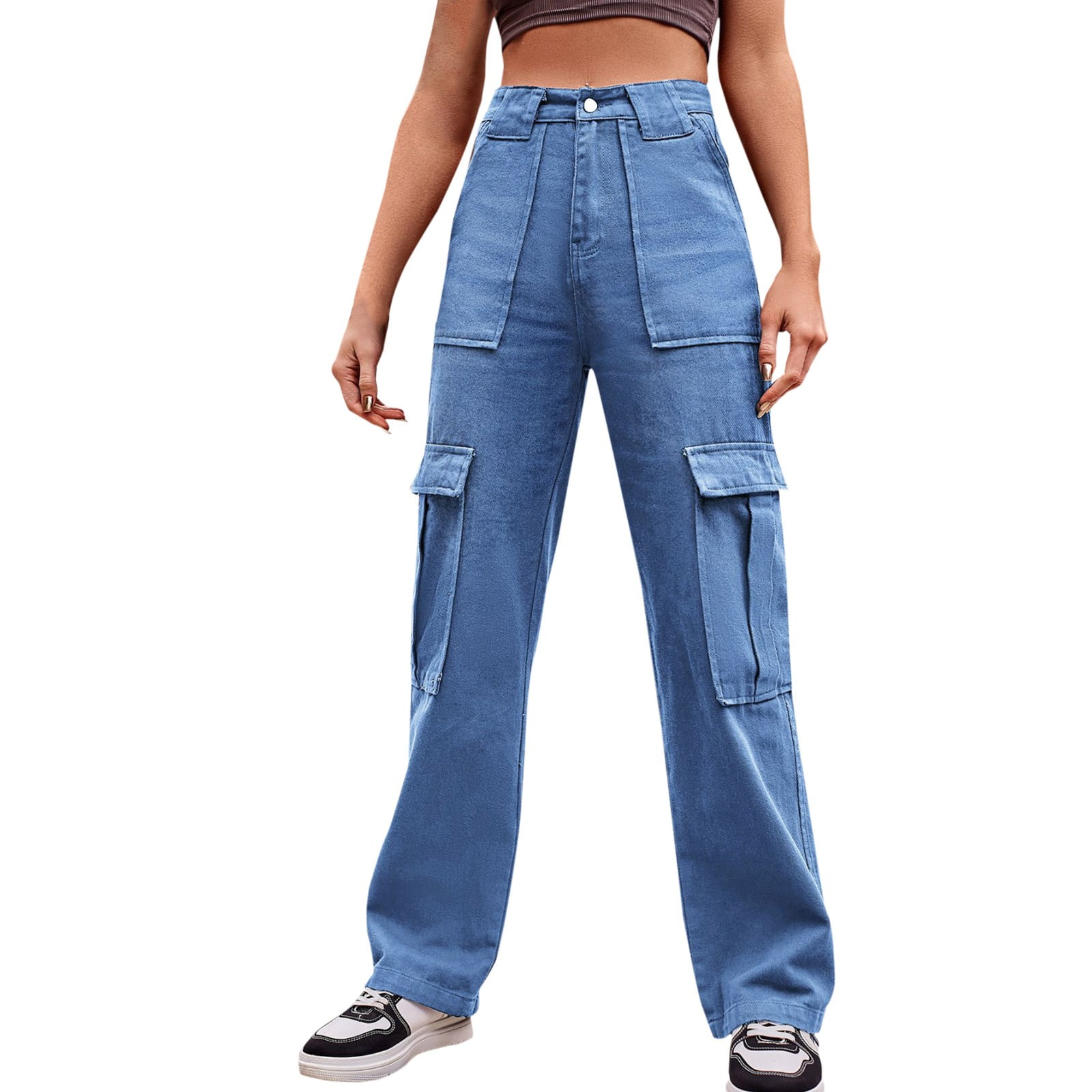 Women's Pants Casual Petite High Waisted Cargo Wide Leg Denim Multi Pocket Cargo Jeans Trousers ...