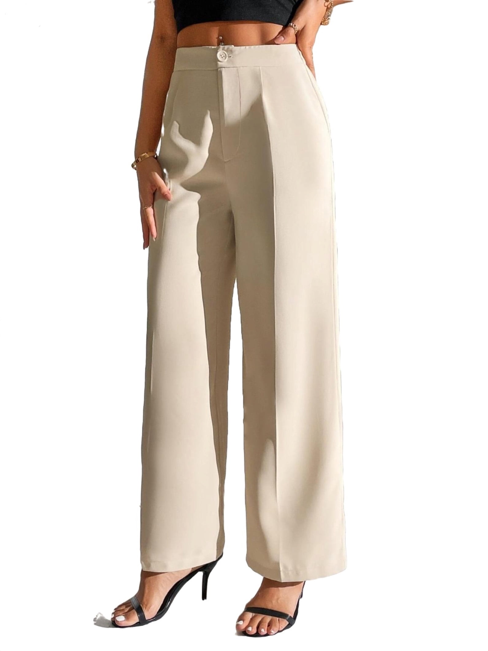 Women's Pants Elegant Plain Wide Leg Beige Petite S (4) - Walmart.com