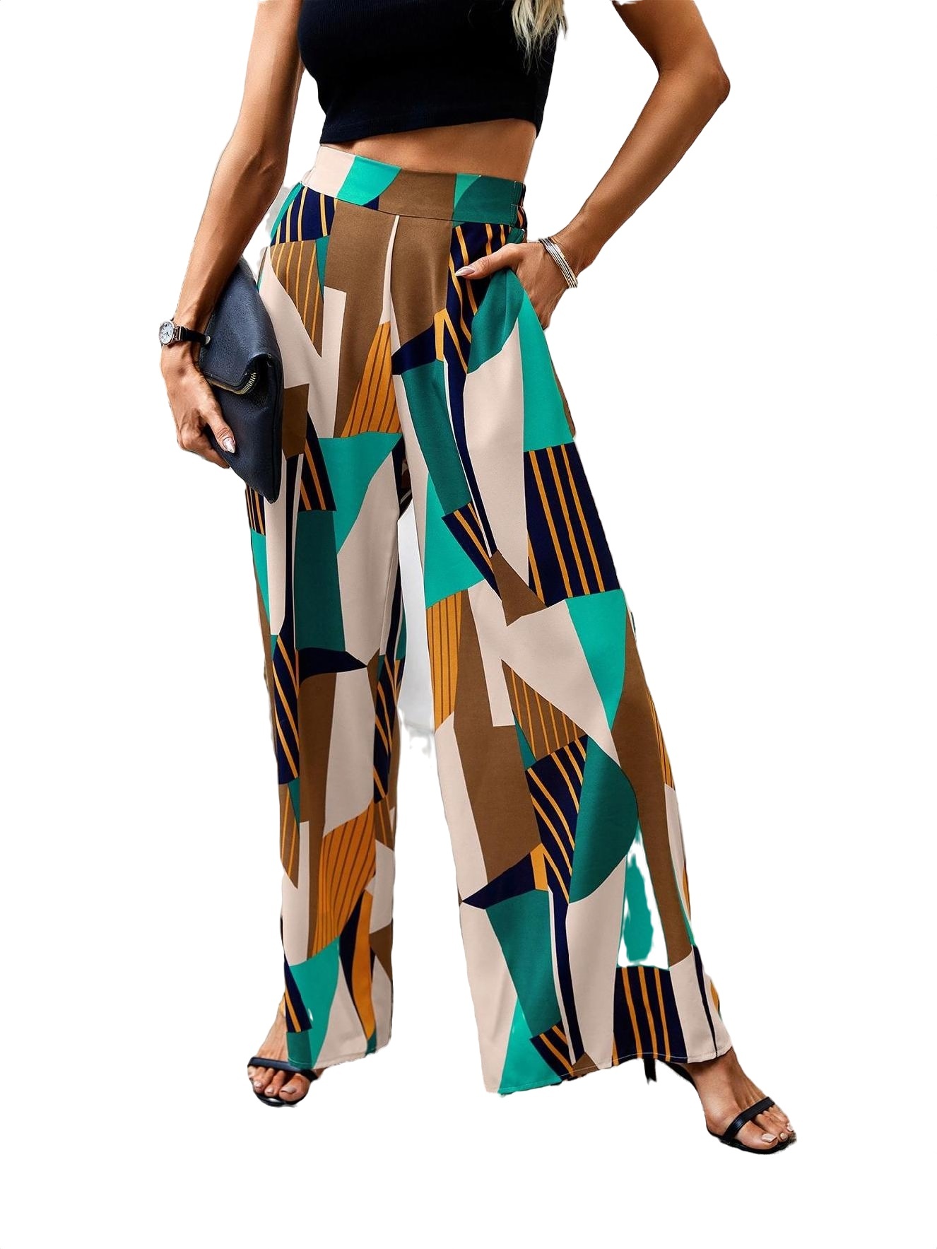 Women's Pants Geometric High Waist Wide Leg Pants Multicolor S ...