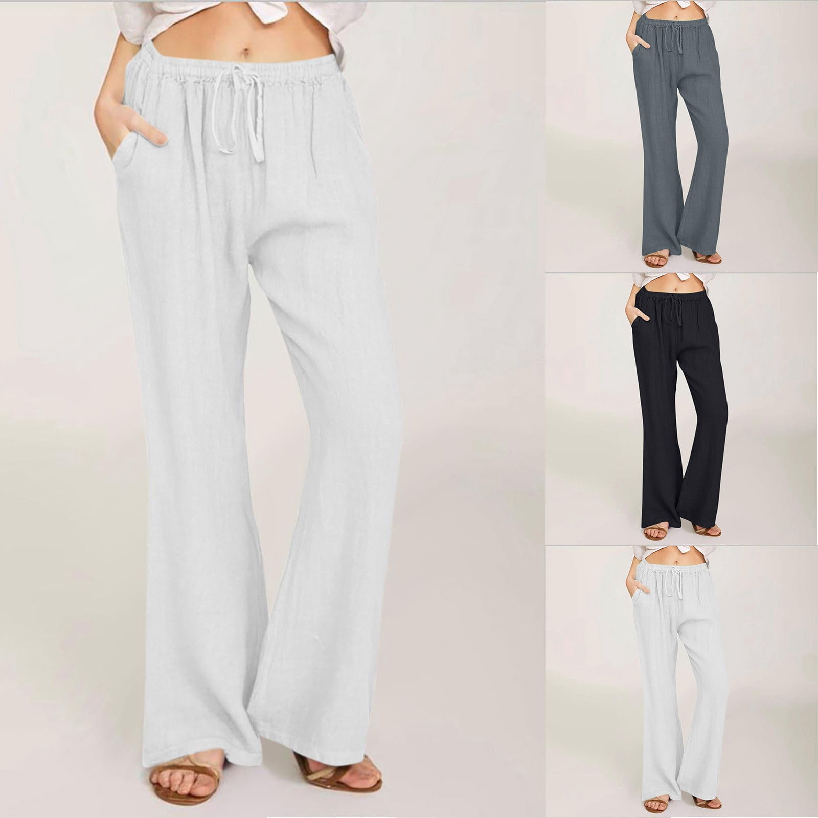 Women's Pants Summer Solid Color High Waisted Flared Loose Linen ...