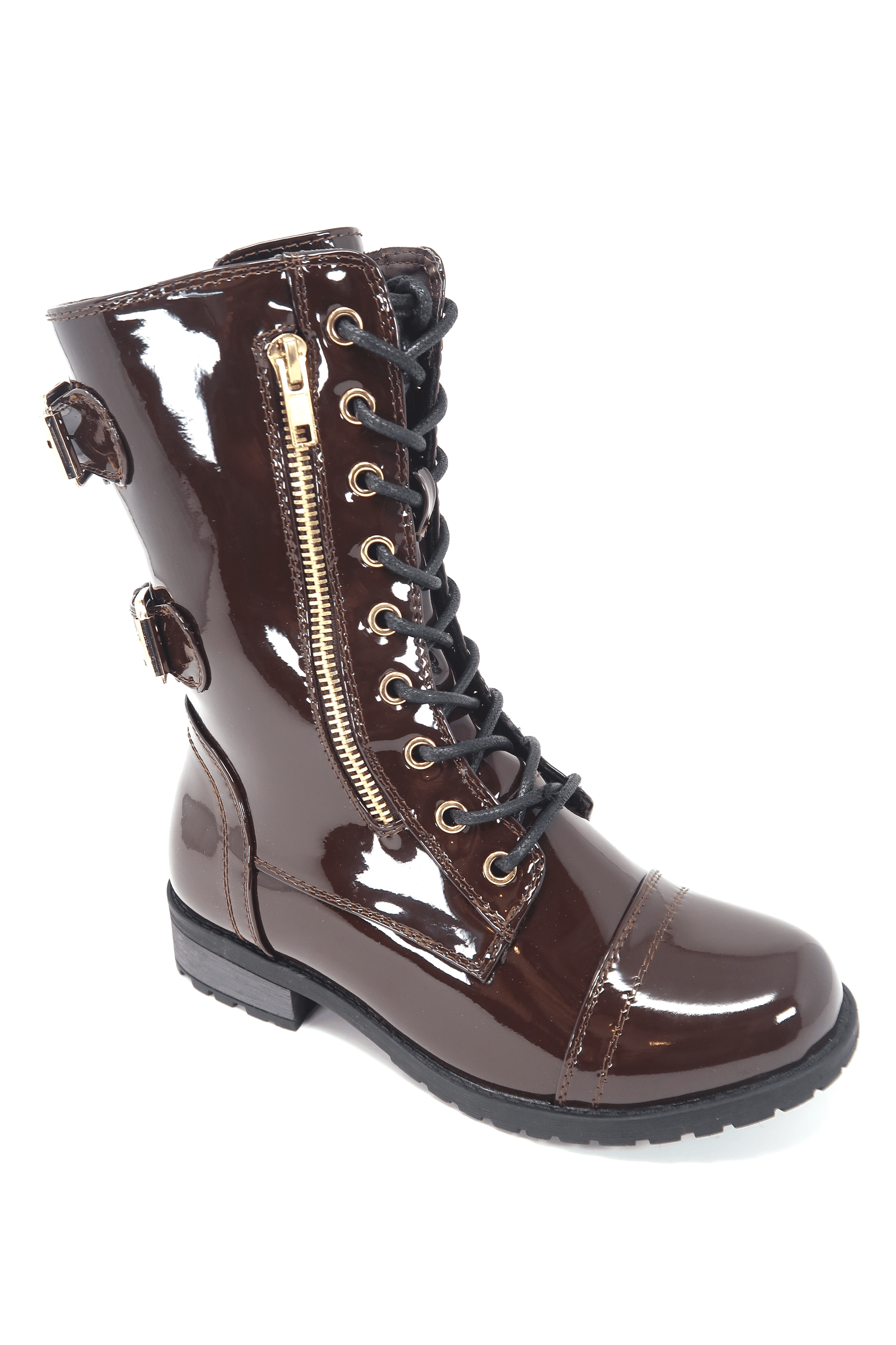 Women's Patent Color Buckle Strap Style Combat Boots Browm Pat, 6 ...
