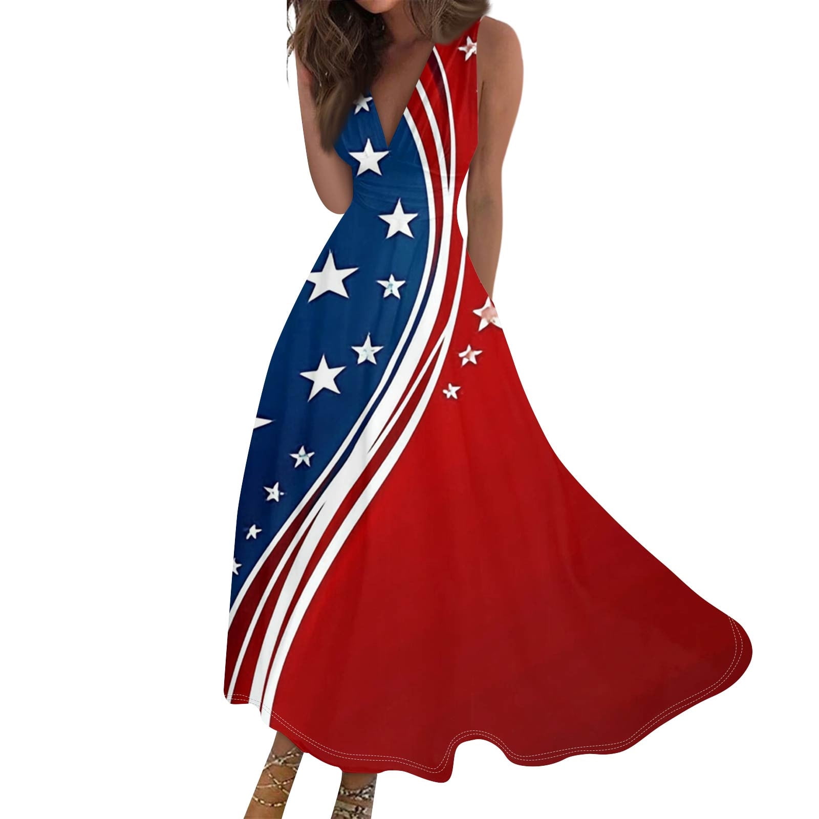 Women's Patriotic American Flag V-Neck Sleeveless Maxi Dress, Stars ...