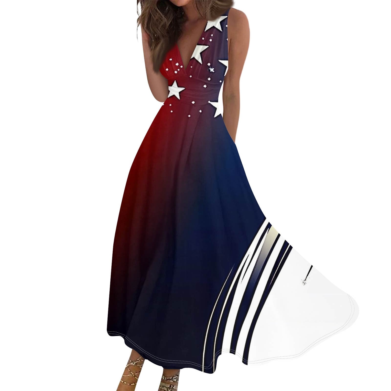 Women's Patriotic American Flag V-Neck Sleeveless Maxi Dress, Stars ...