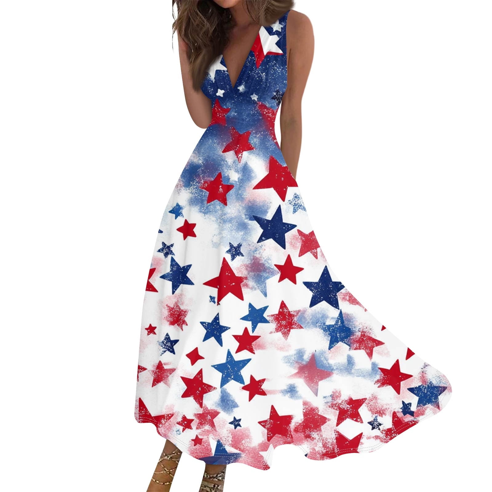 Women's Patriotic American Flag V-Neck Sleeveless Maxi Dress, Stars ...