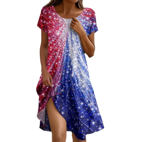 Women's Patriotic Bohemian Dress Short Sleeve Floral Print Casual Loose ...