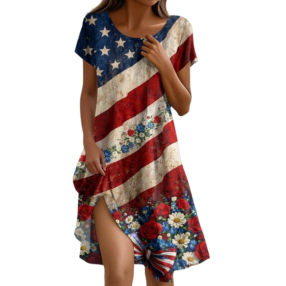 Women's Patriotic Bohemian Dress Short Sleeve Floral Print Casual Loose ...