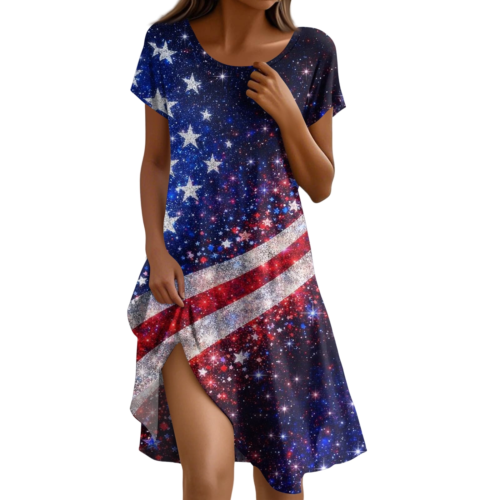 Women's Patriotic Bohemian Dress Short Sleeve Floral Print Casual Loose ...