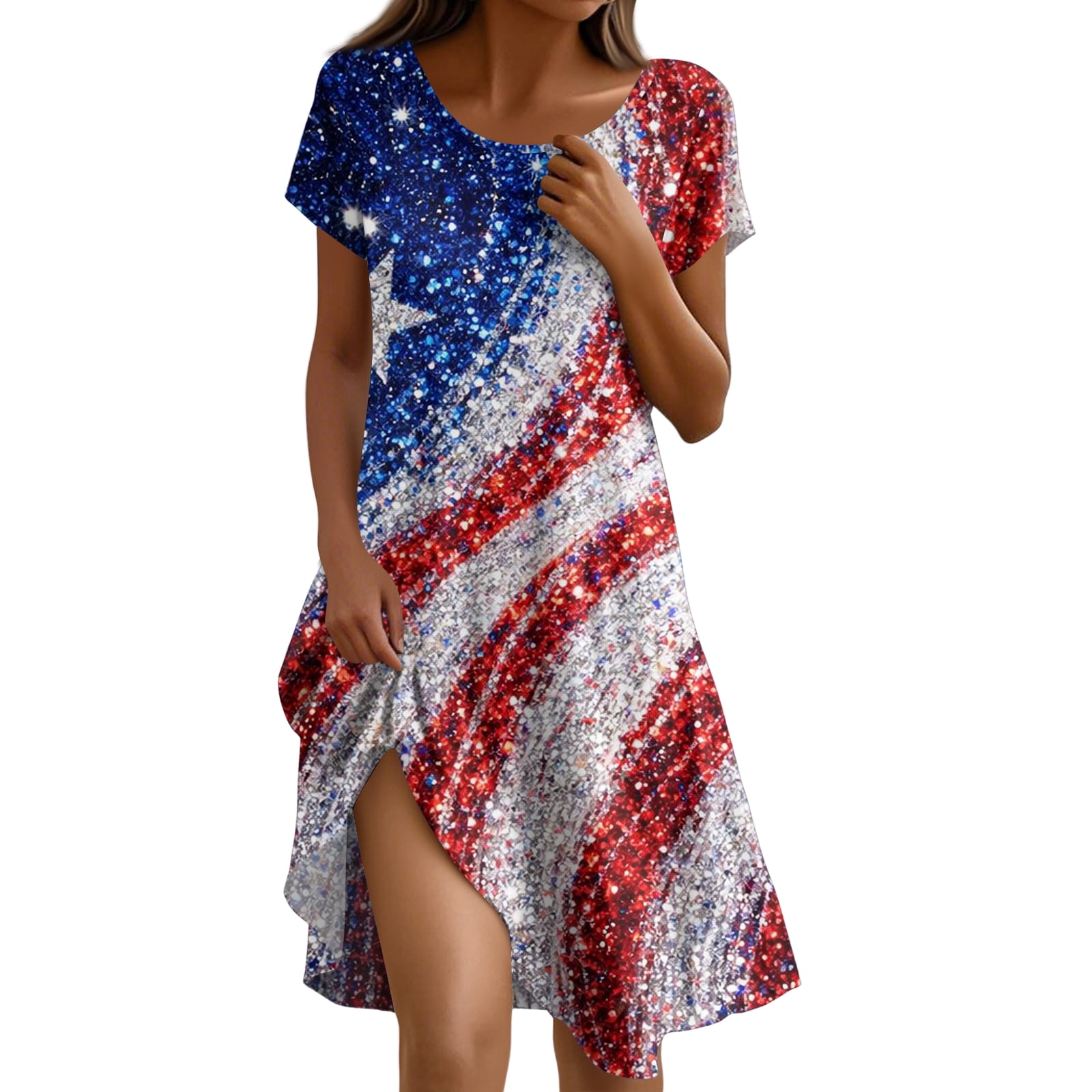 Women's Patriotic Bohemian Dress Short Sleeve Floral Print Casual Loose ...
