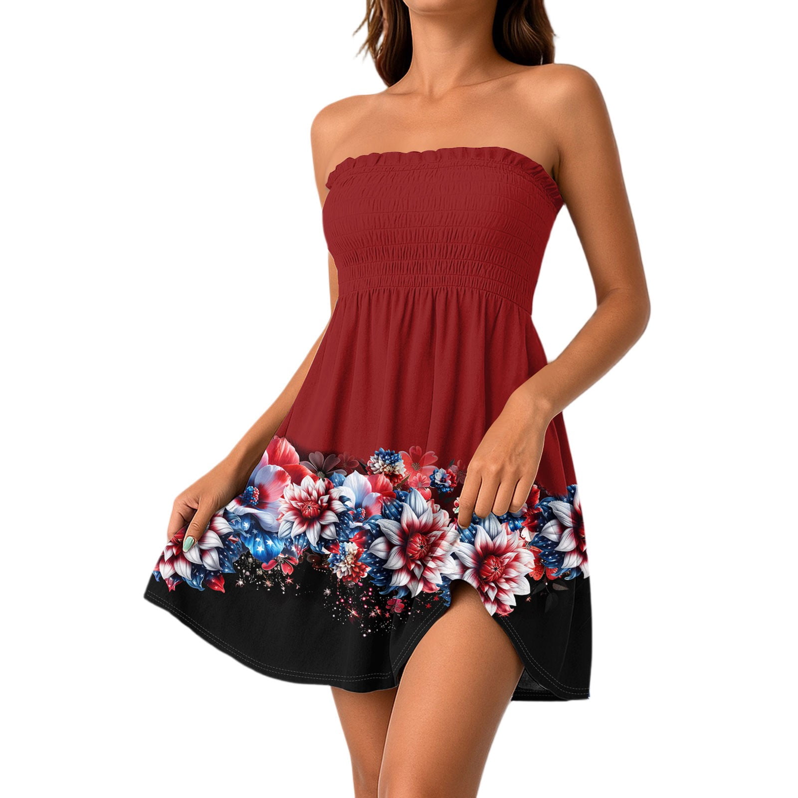 Women's Patriotic Red White Blue Smocked Tube Top Sundress, Boho Beach ...