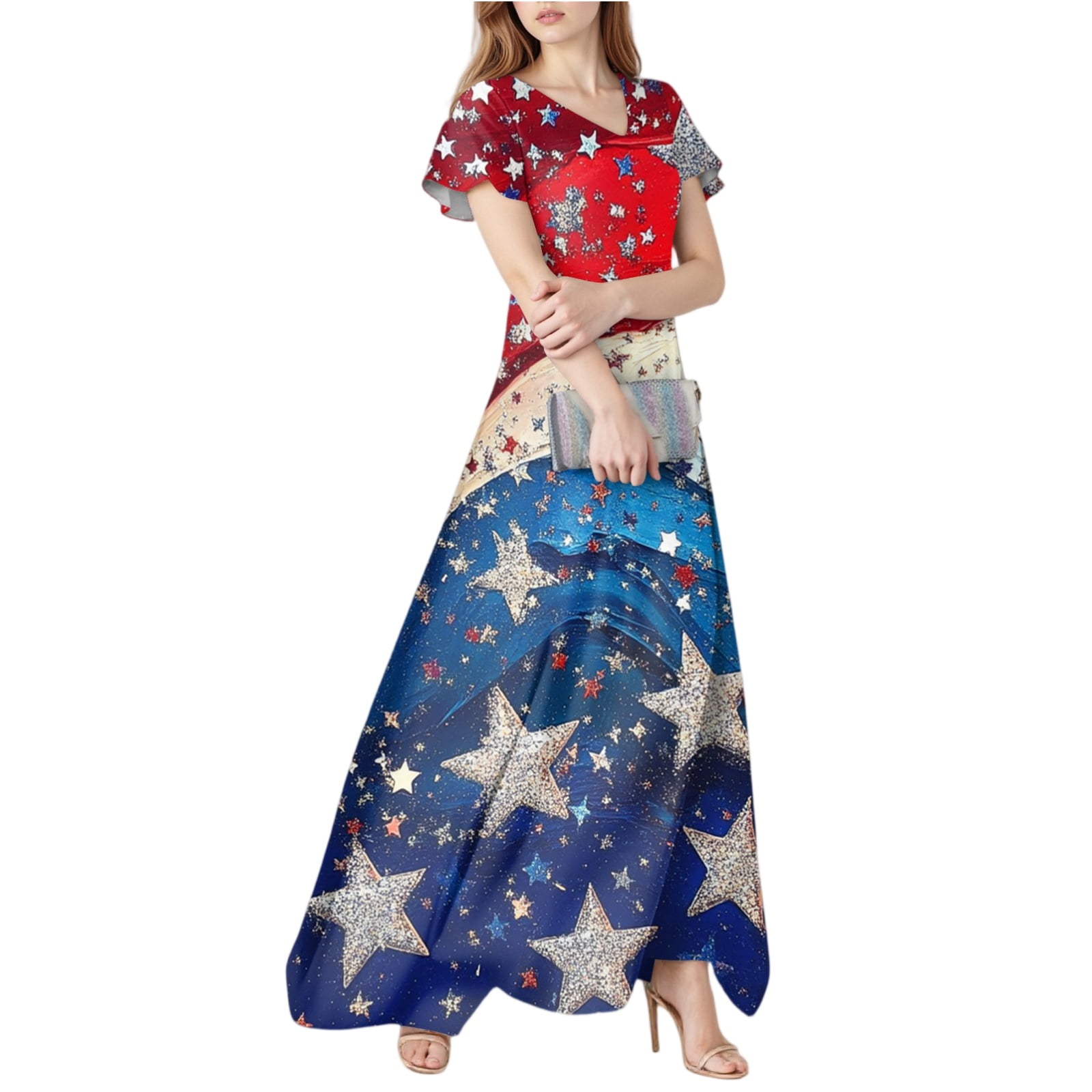 Women's Patriotic Red White Blue Star Print V-Neck Maxi Dress, Casual ...
